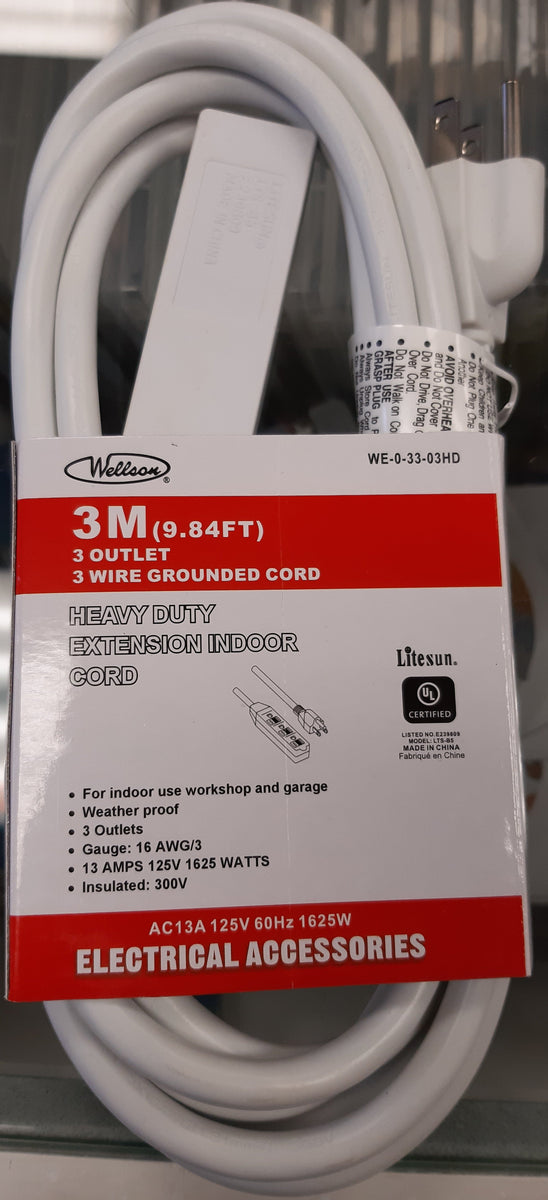 Wellson 6.56ft 2 meter, 3-outlet, 3-wire grounded Power Extension Cord